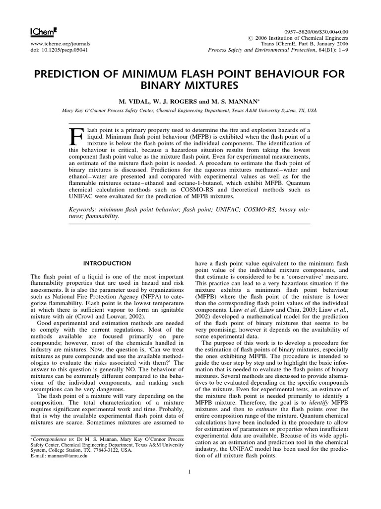 Prediction of Minimum Flash Point Behaviour For Binary Mixtures | PDF ...