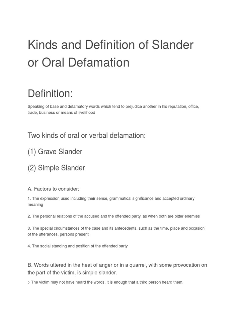 Kinds and Definition of Slander or Oral Defamation | PDF | Defamation ...