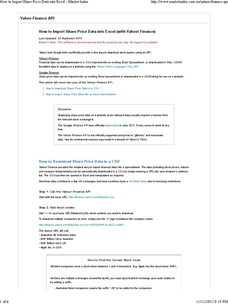How To Import Share Price Data Into Excel - Market Index | PDF | Microsoft Excel | Spreadsheet