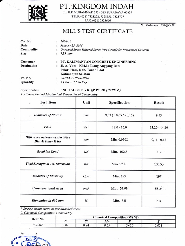 Mill Test Certificate for Concrete Strands | PDF