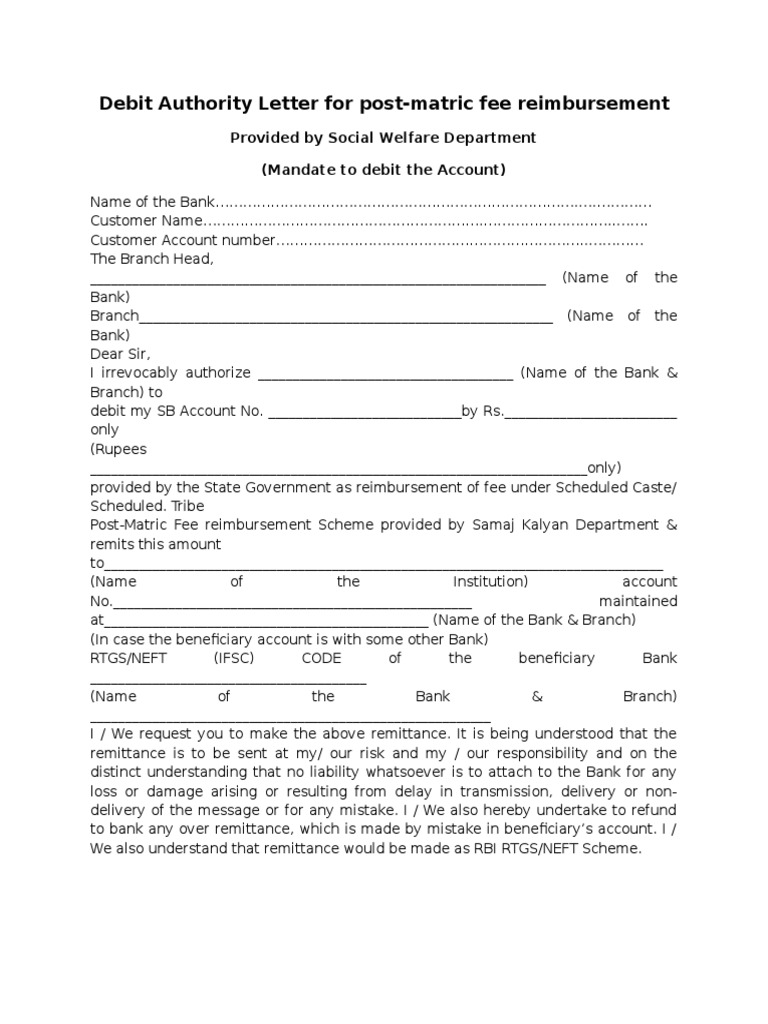 Debit Authority Letter For Post SC | PDF