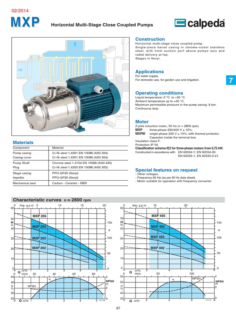 Calpeda MXP Multistage Horizontal Pump | PDF | Pump | Physical Quantities
