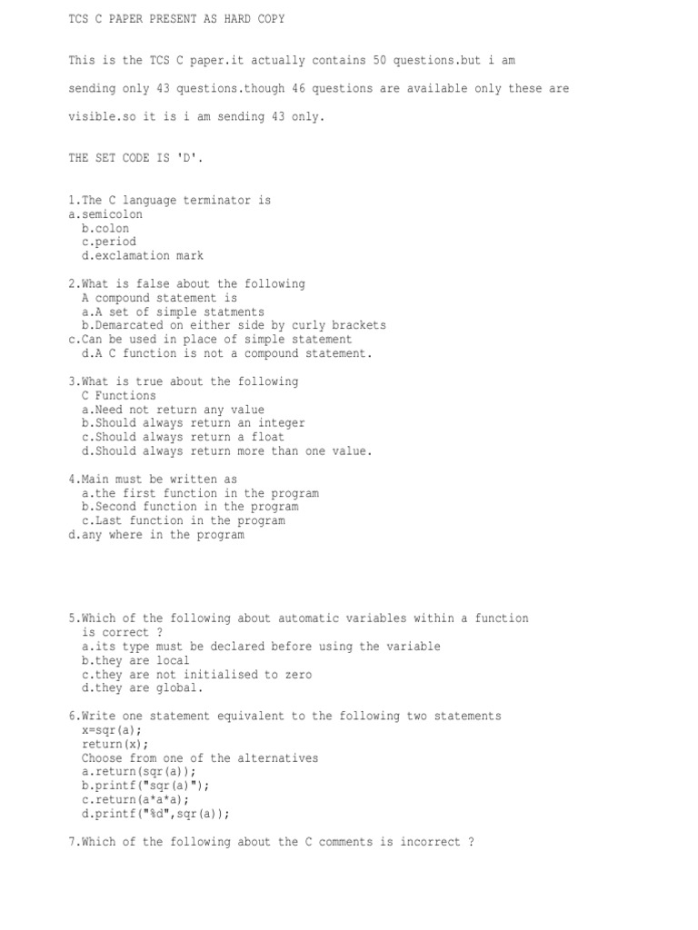 Tcs C Pdf C Programming Language Integer Computer Science