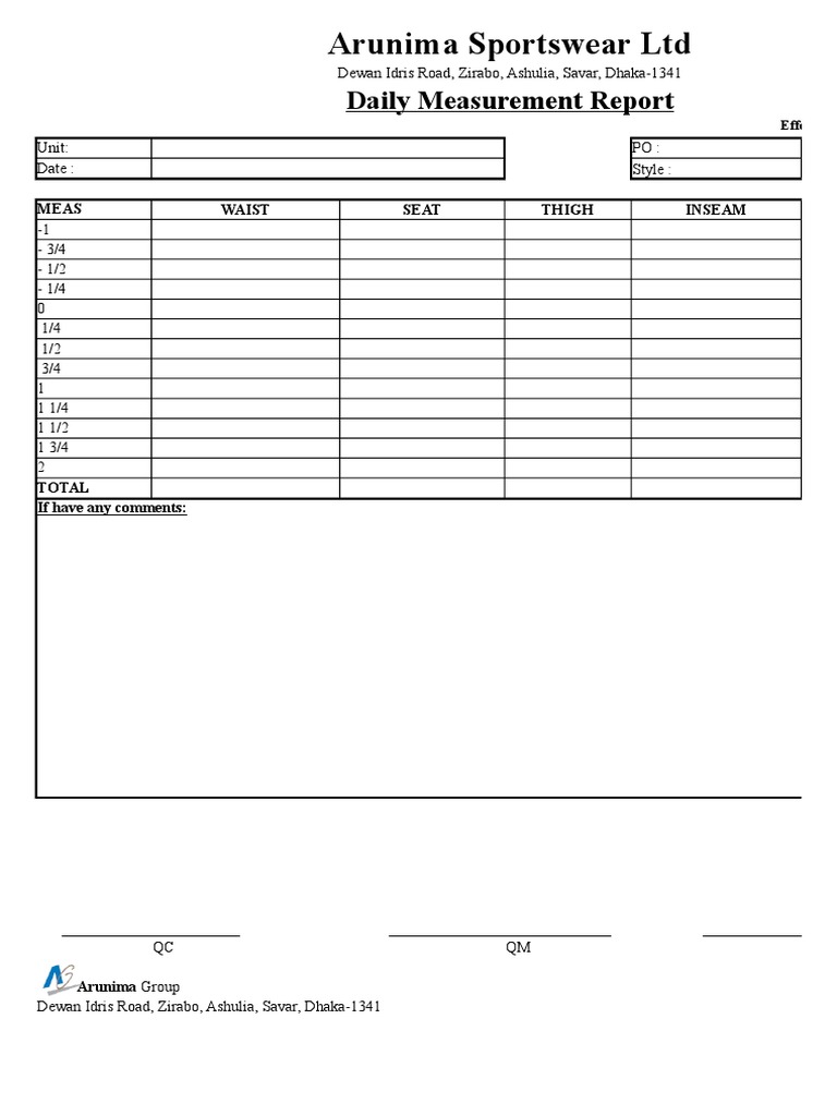 Arunima Sportswear LTD: Daily Measurement Report | PDF