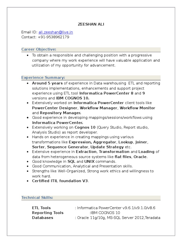 Zeeshan ETL Informatica Teradata 5yrs | Download Free PDF | Oracle Database | Microsoft Sql Server