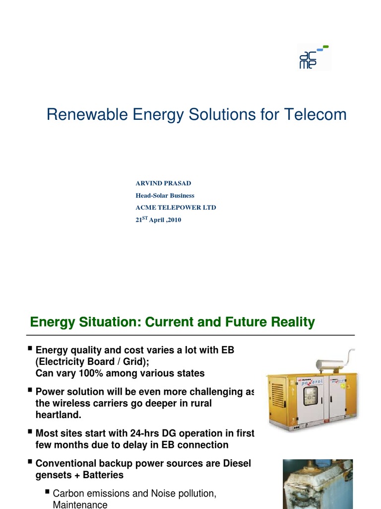 Renewable Energy Solutions For Telecom-ACME | PDF | Solar Power | Fuel Cell