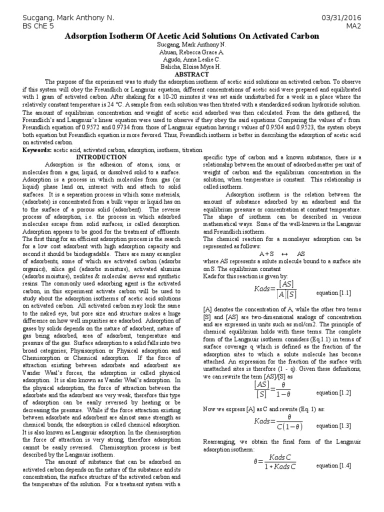 Freundlich Isotherm for Acetic Acid Adsorption | PDF | Adsorption ...