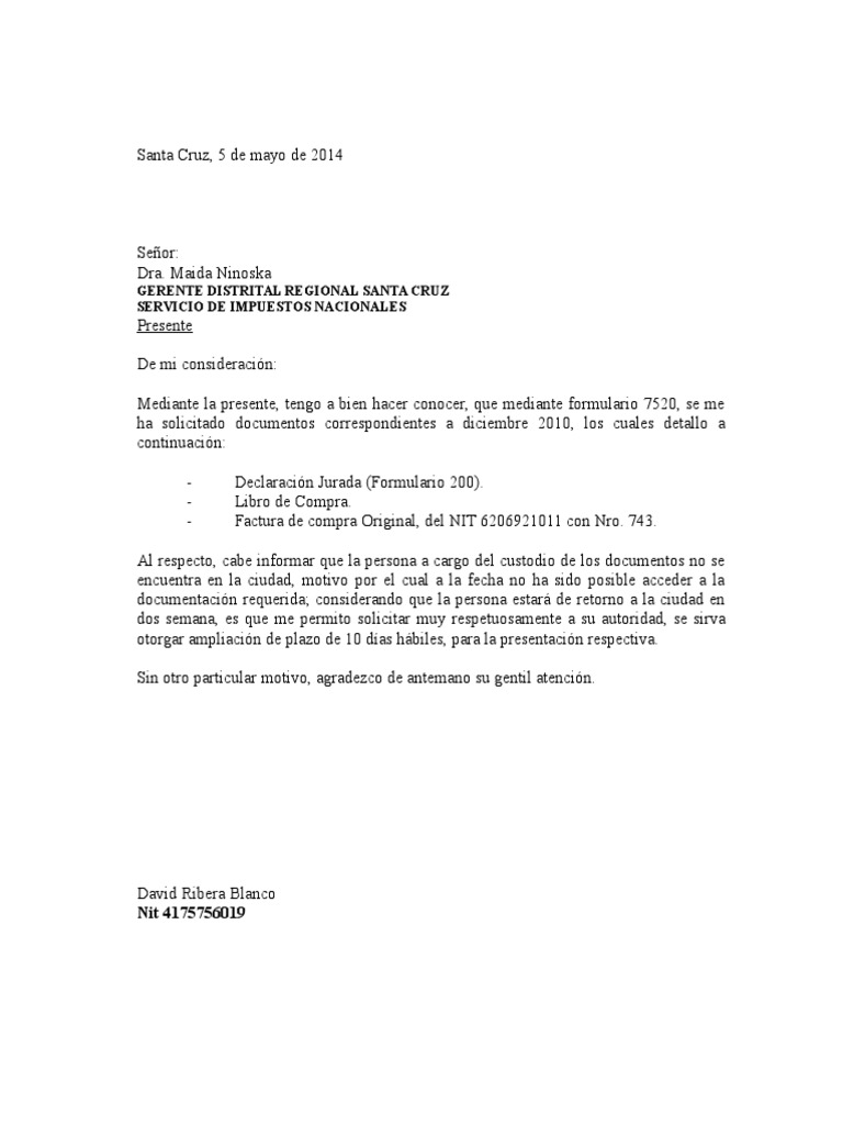 Carta de Solicitud de Ampliación de Plazo