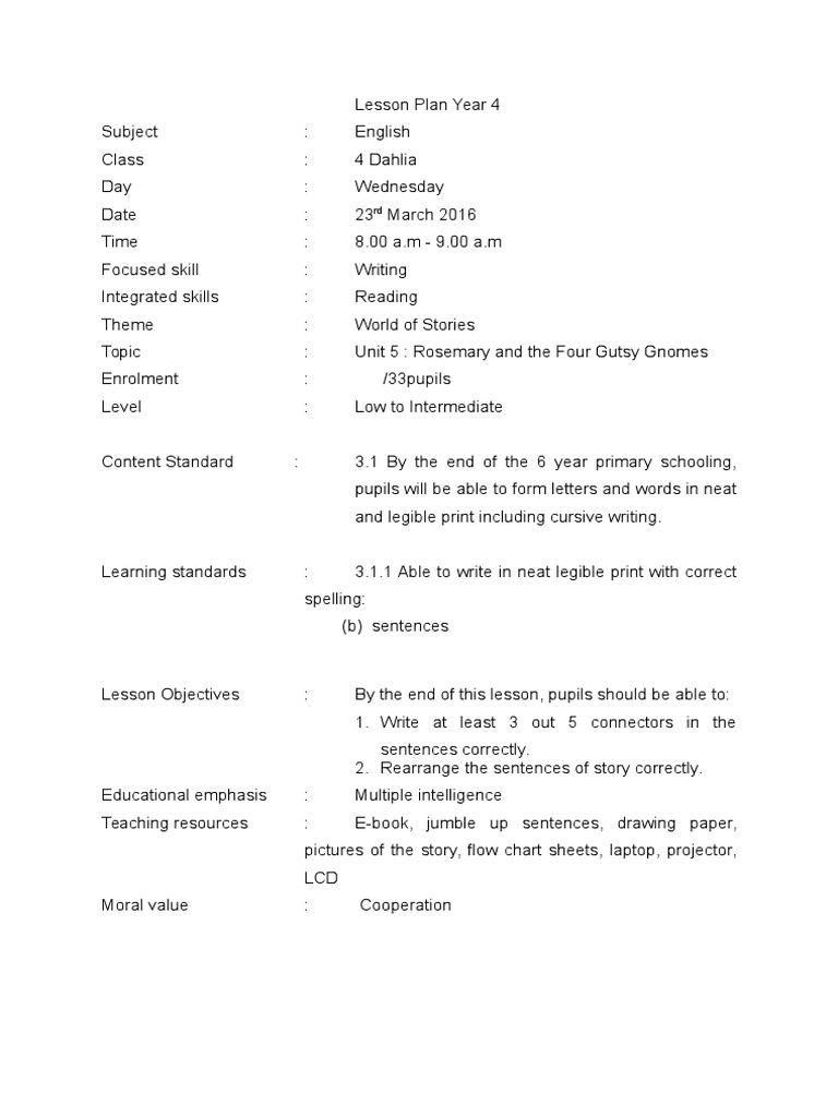Year 4 English Lesson Plan: Writing Skills | PDF | Lesson Plan