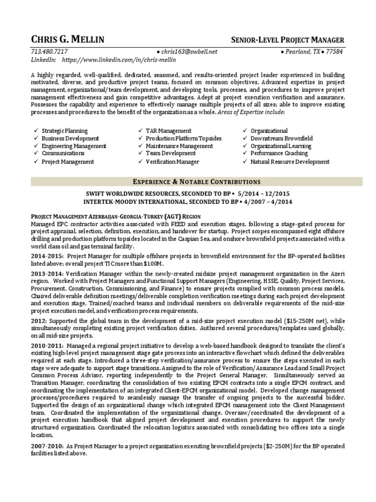Project Engineering Manager Energy in Houston TX Resume Chris Mellin ...