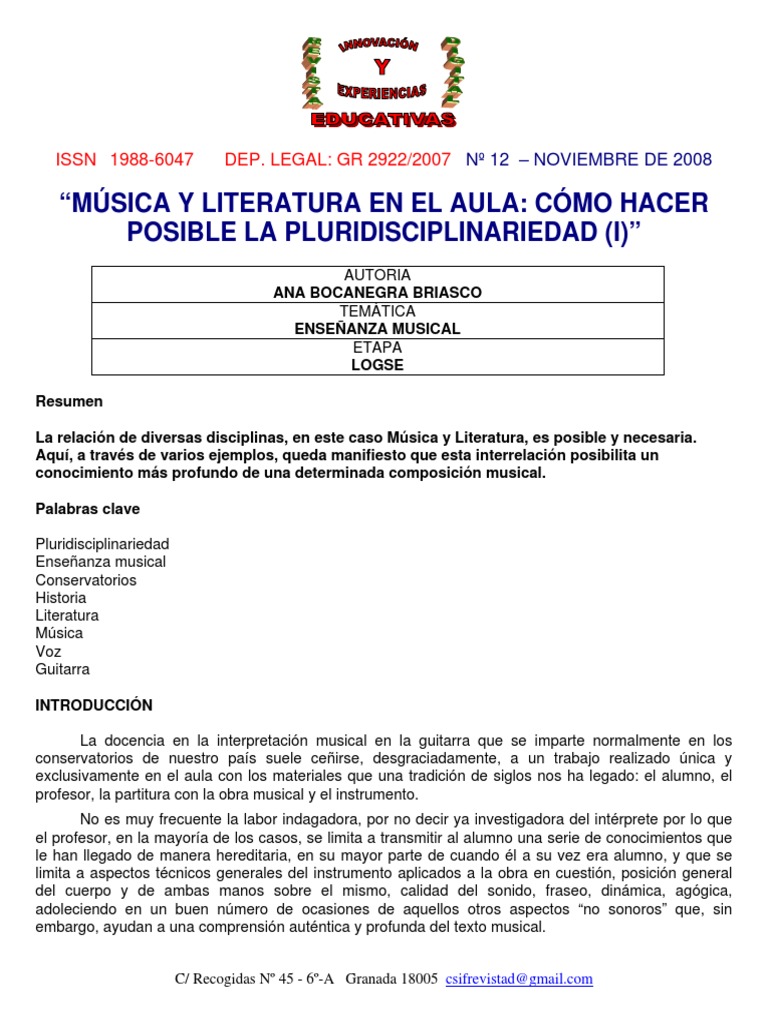 Música y Literatura en el Aula: Ana Bocanegra | PDF | Música clásica ...