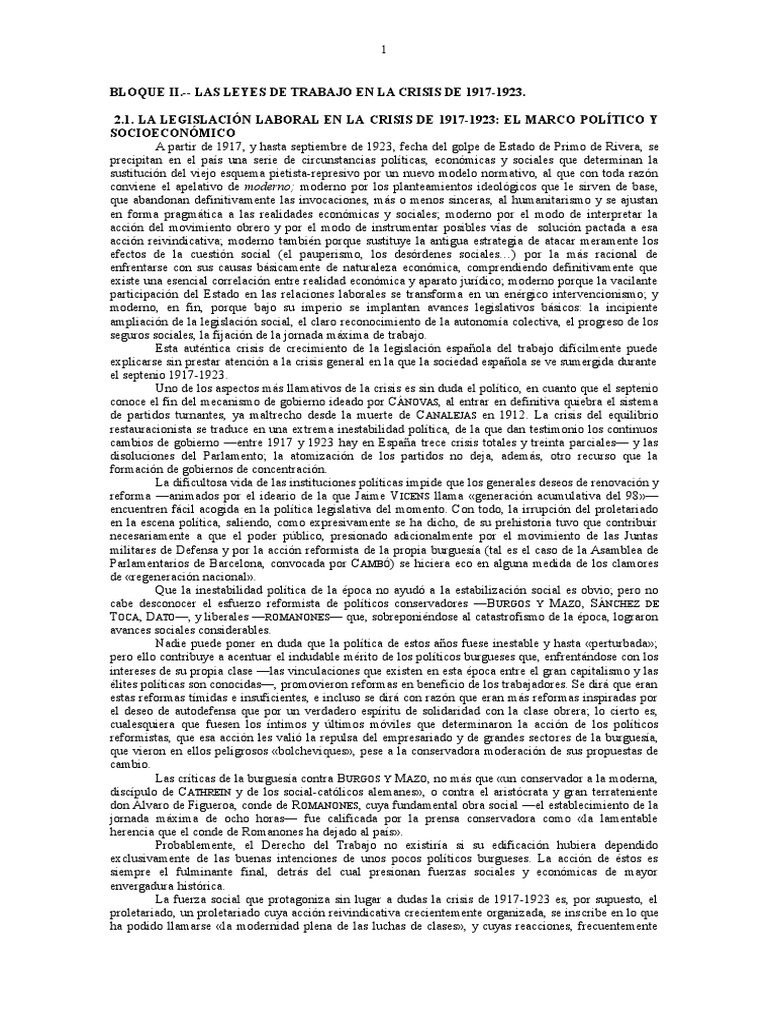 BLOQUE 02. Las Leyes de Trabajo en La Crisis de 1917-1923 | PDF | Derecho laboral | Desempleo
