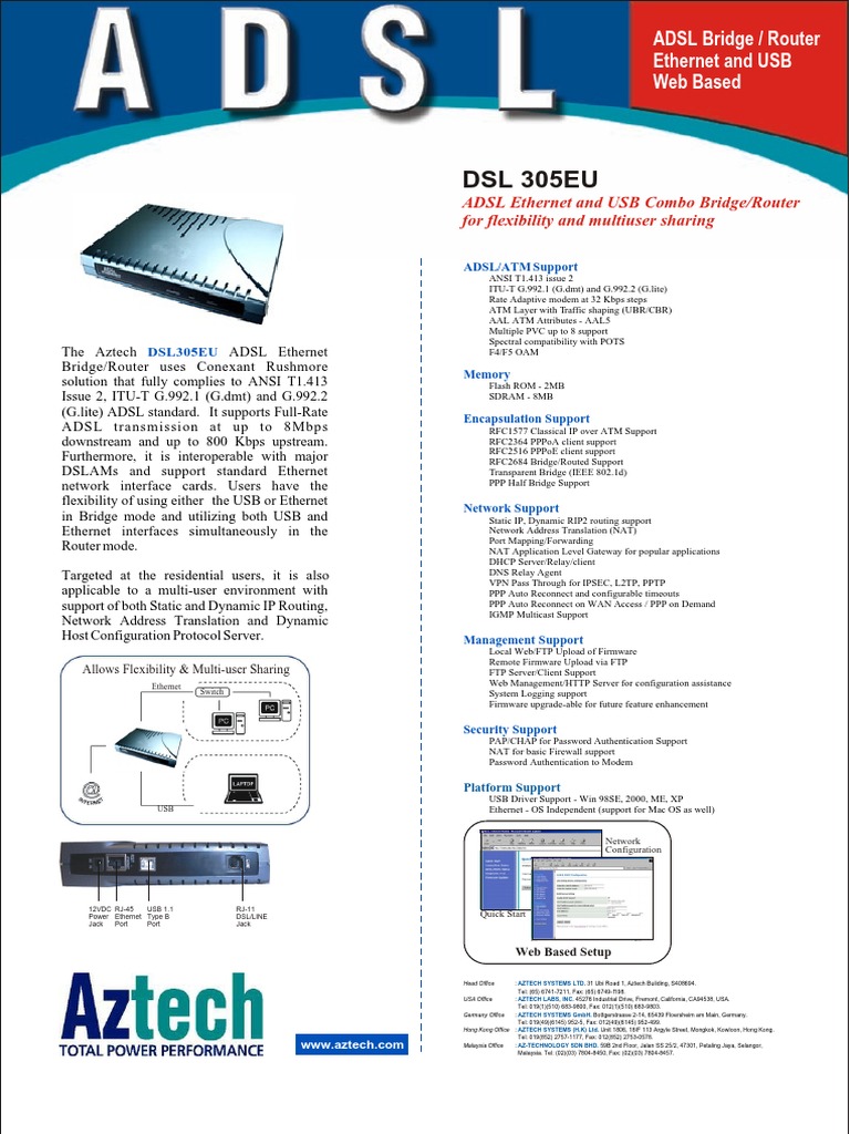 Aztech DSL305EU ADSL Ethernet USB Combo Router Product Brochure | PDF ...