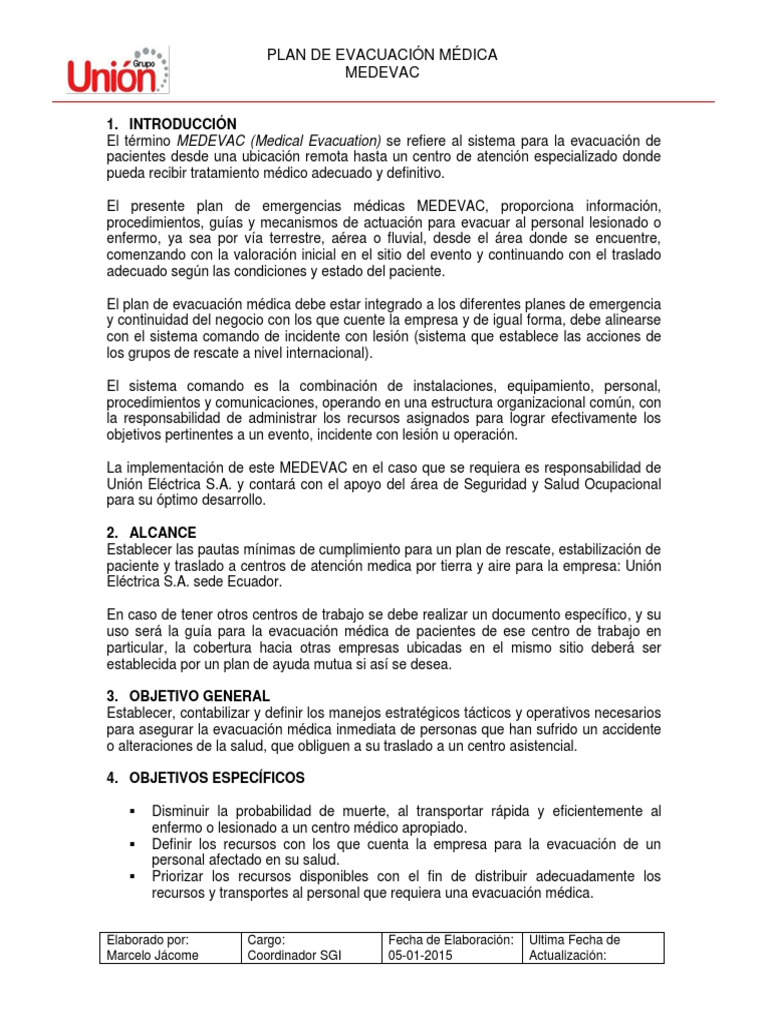 Plan de Evacuación Médica MEDEVAC | PDF | Lesión | Hospital