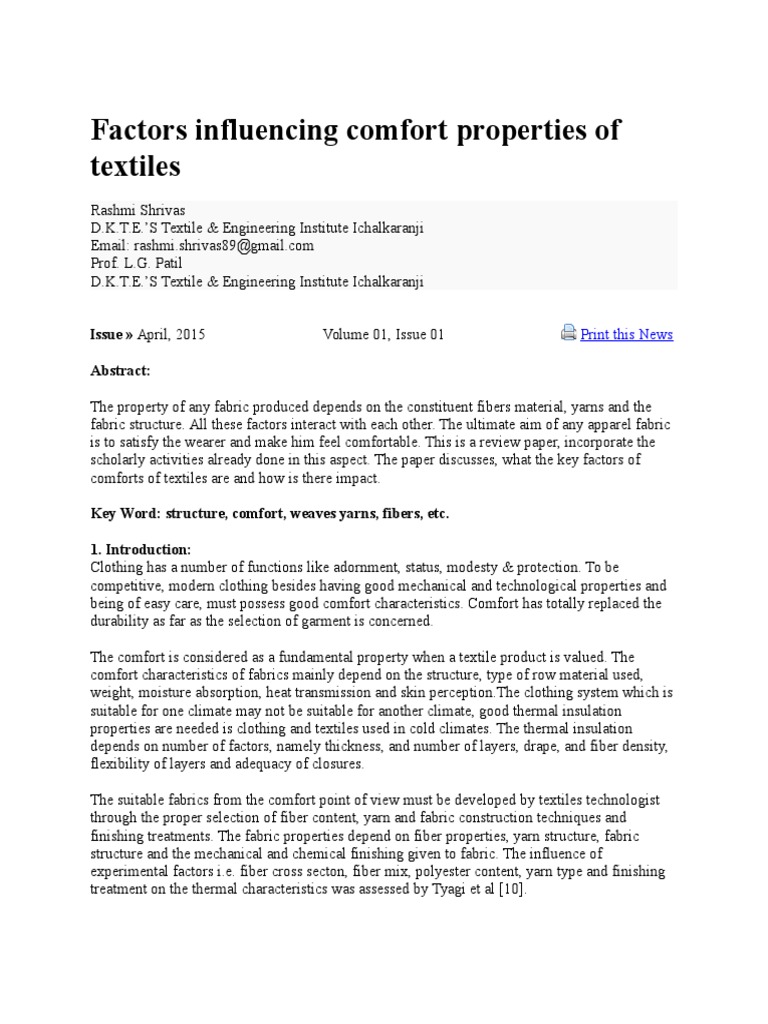 Factors Influencing Textile Comfort | PDF | Textiles | Yarn