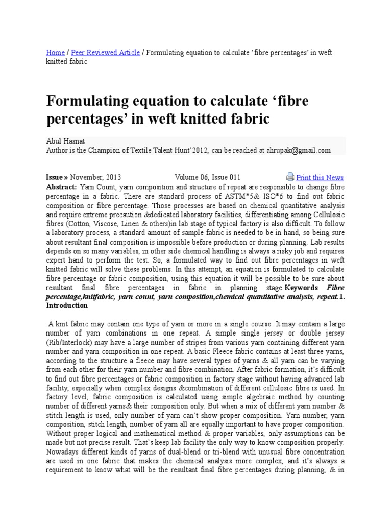 Formulating Equation To Calculate Fibre Percentages' in Weft Knitted ...