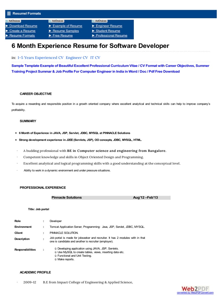 6 Month Experience Resume for Software Developer | PDF | Résumé | Java ...