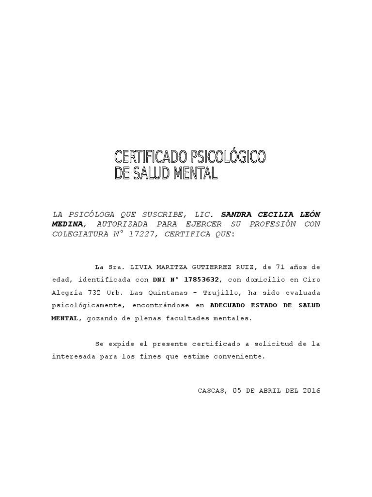 Certificado De Salud Mental Pdf Salud Y Bienestar Medicina 3791