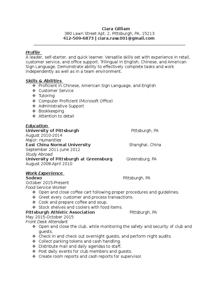 Resume of Ciara Gilliam | PDF