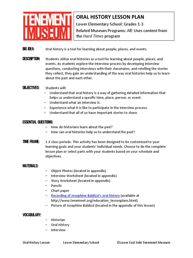 Oral History Lesson Plan - Lower Elementary | PDF | Oral History ...
