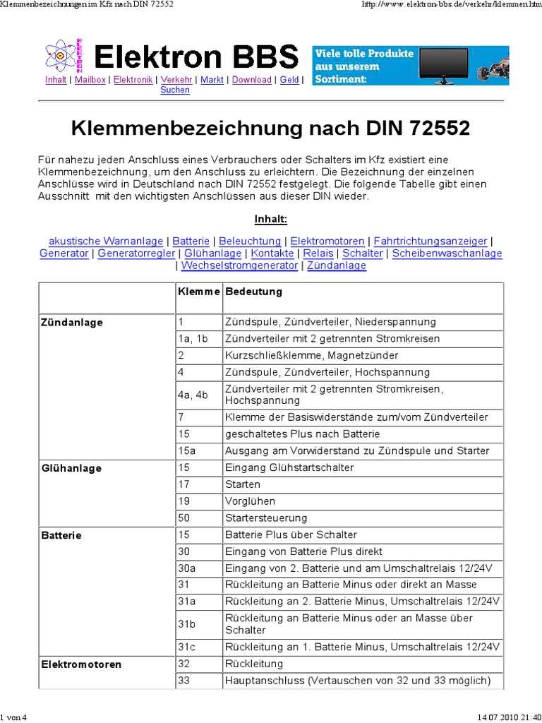 Klemmenbezeichnung Nach DIN 72552 | PDF