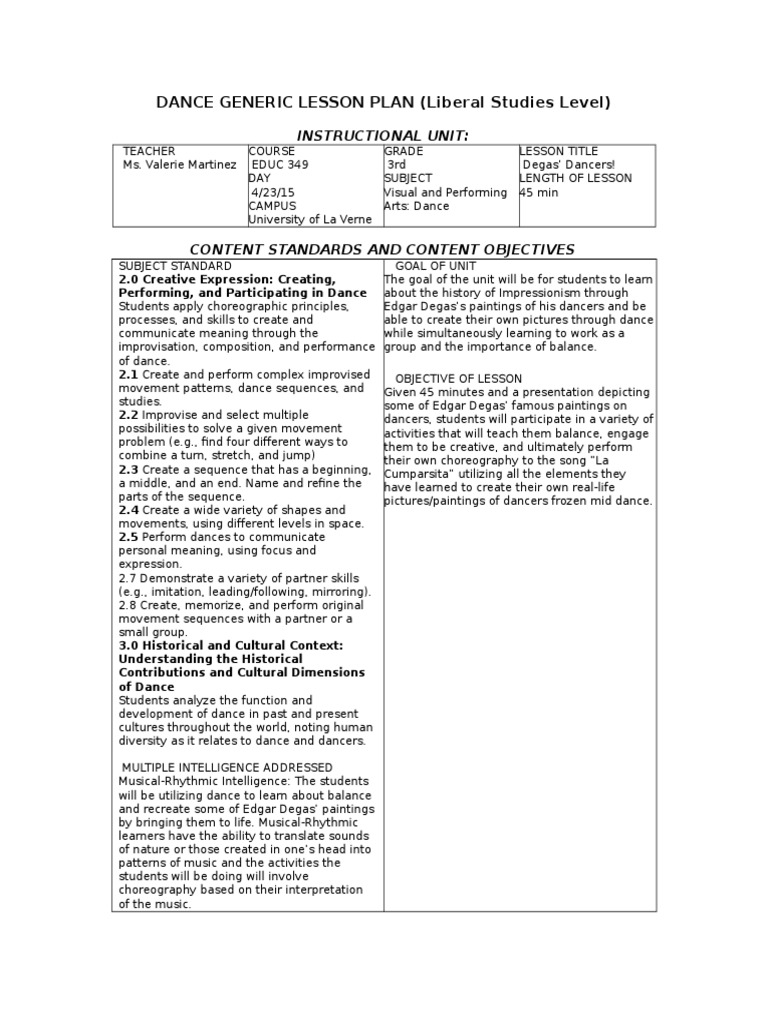 DANCE GENERIC LESSON PLAN (Liberal Studies Level) : Instructional Unit ...