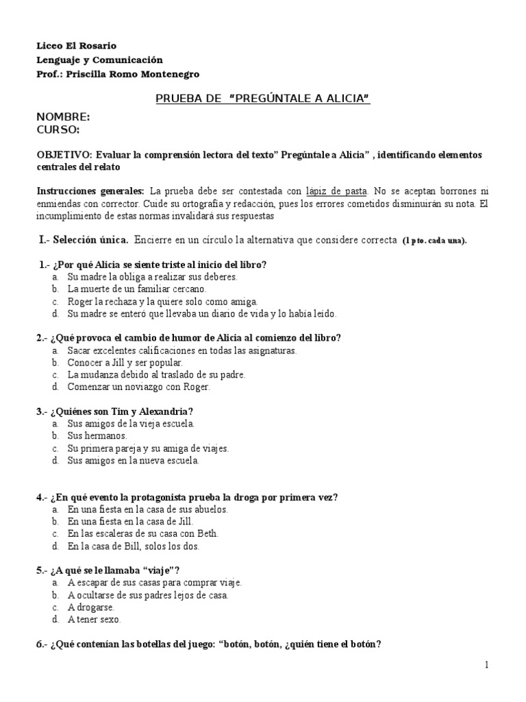 Prueba de comprensión: Pregúntale a Alicia | PDF | La dependencia de ...