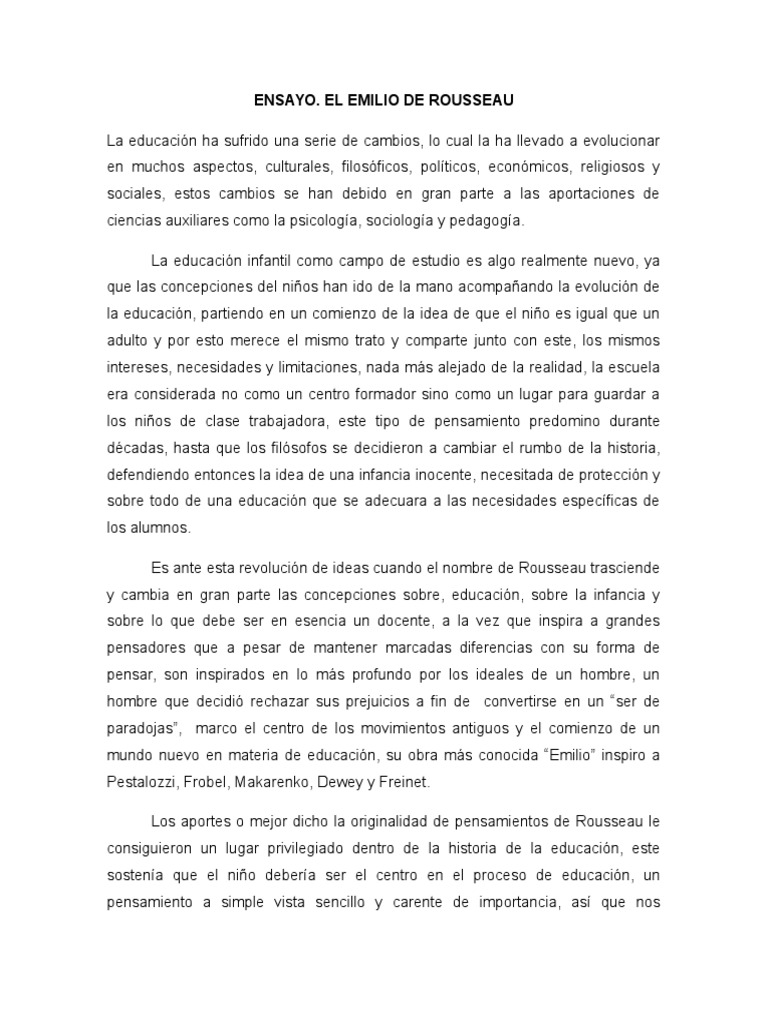 Ensayo El Emilio de Rousseau | PDF | Emile, o sobre educación | Jean ...