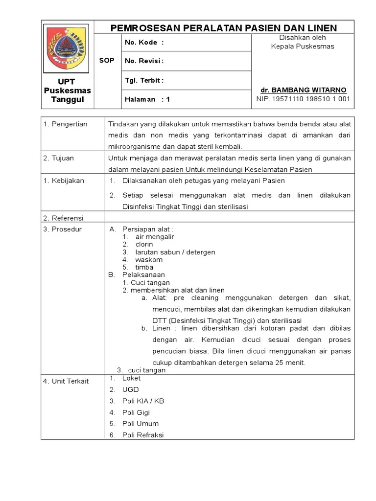 Sop Pemrosesan Peralatan Pasien Dan Penatalaksanaan Linen | PDF