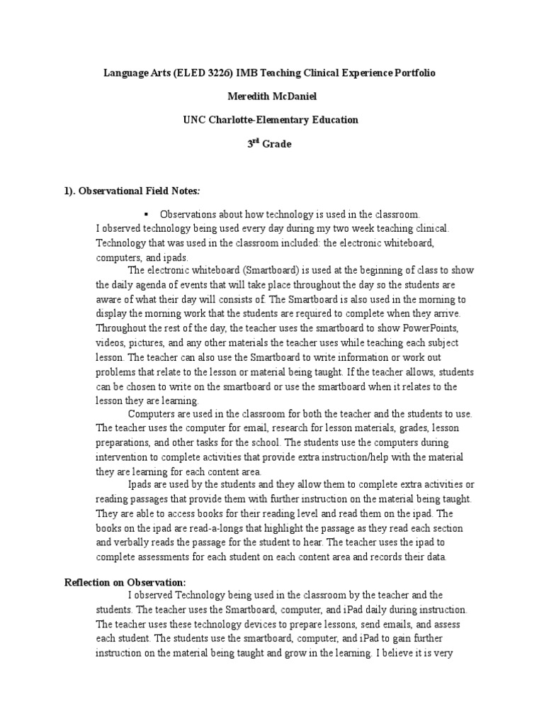 Language Arts (Eled 3226) Imb Teaching Clinical Experience Portfolio ...