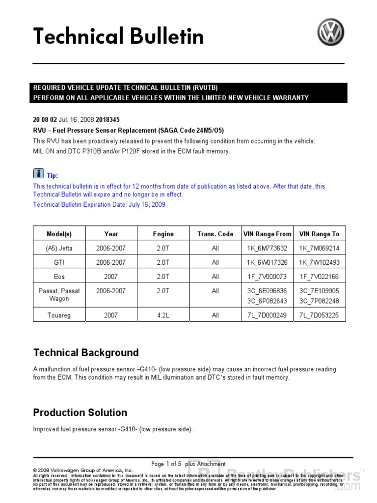 VW - tb.20!08!02 RVU - Fuel Pressure Sensor Replacement | PDF ...
