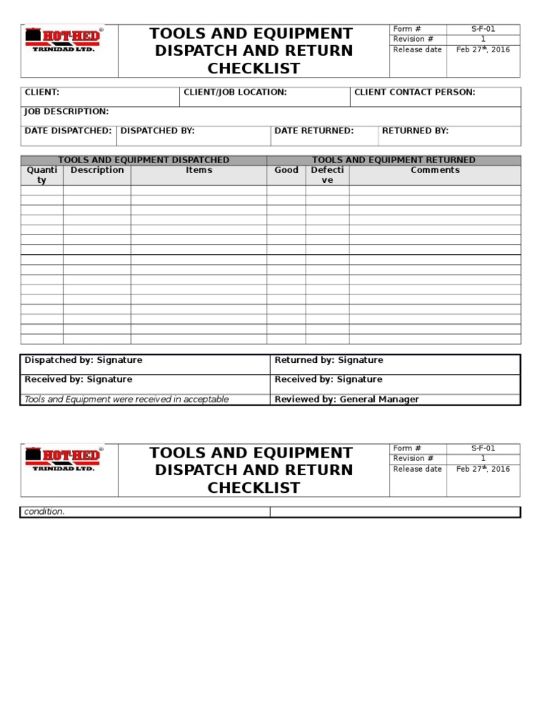 Tools and Equipment Dispatch Checklist | PDF