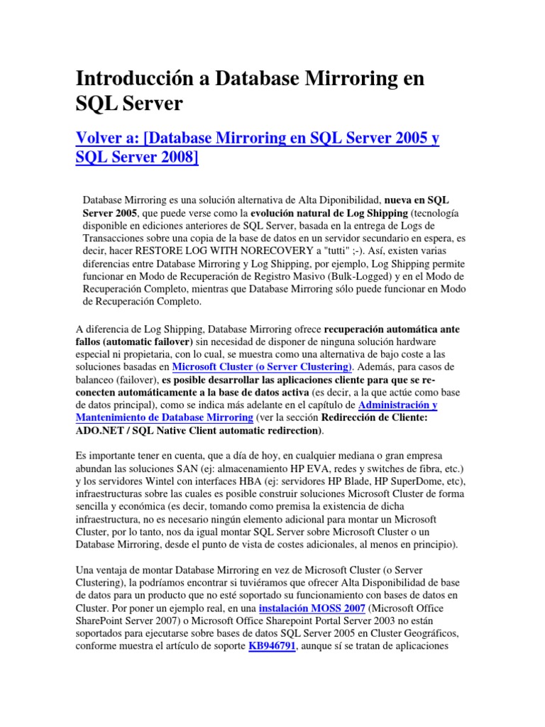 Introducción A Database Mirroring en SQL Server | PDF | Apoyo ...
