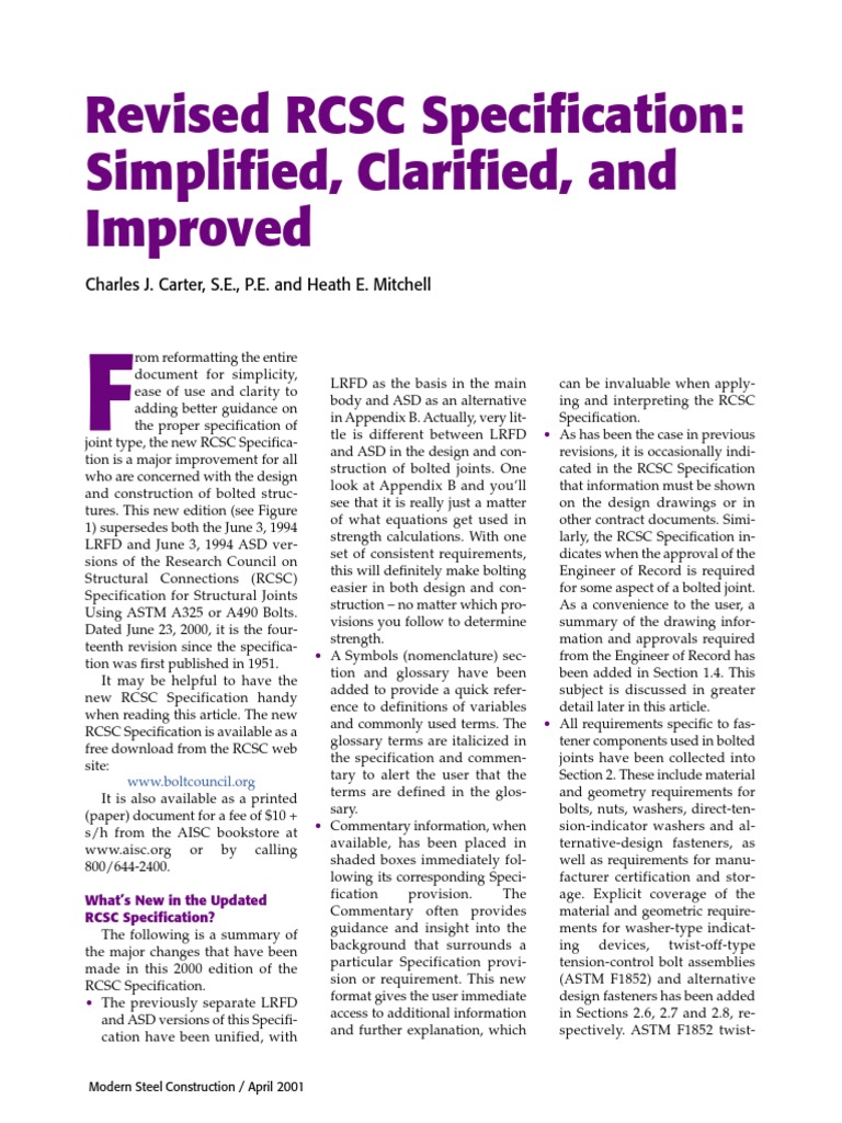 Revised RCSC Specification-Simplified, Clarified, AndImproved | PDF ...