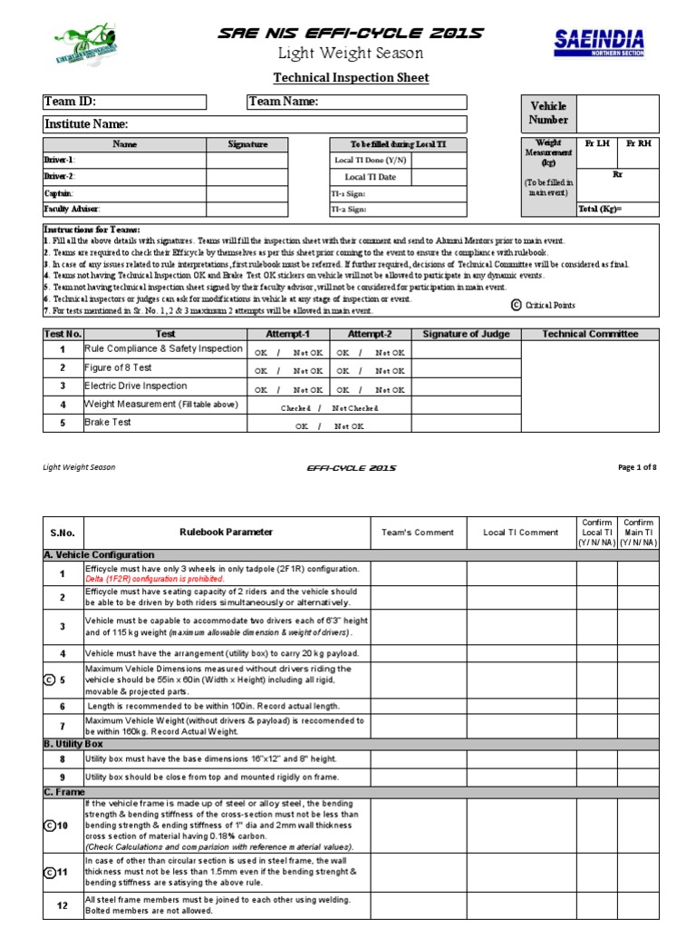 SAE NIS Efficycle-2015 Technical Inspection Sheet | PDF | Switch ...