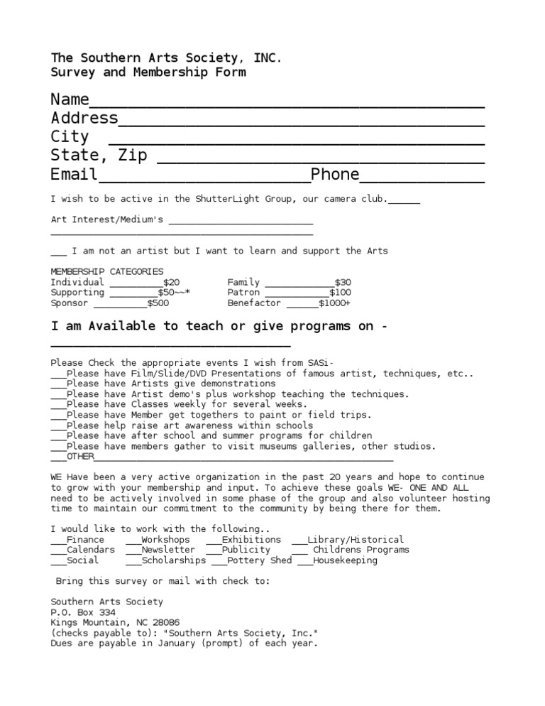 Southern Arts Society Membership Form | PDF