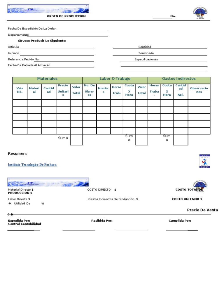 Formato Orden de Produccion | PDF