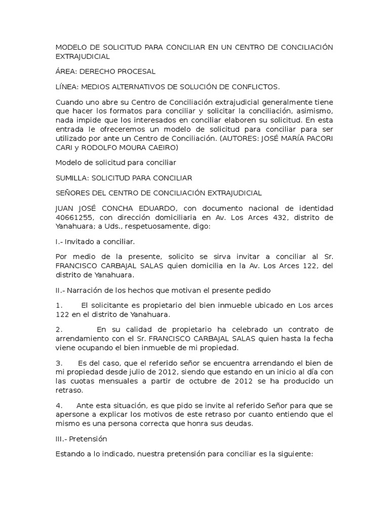 Modelo de Solicitud para Conciliar en Un Centro de Conciliación Extrajudicial | PDF | Negocios ...