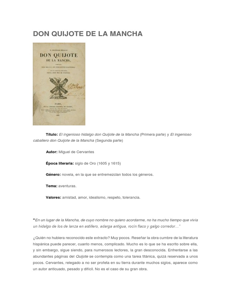 Critica Literaria - Don Quijote | PDF | Don Quijote | Miguel De Cervantes