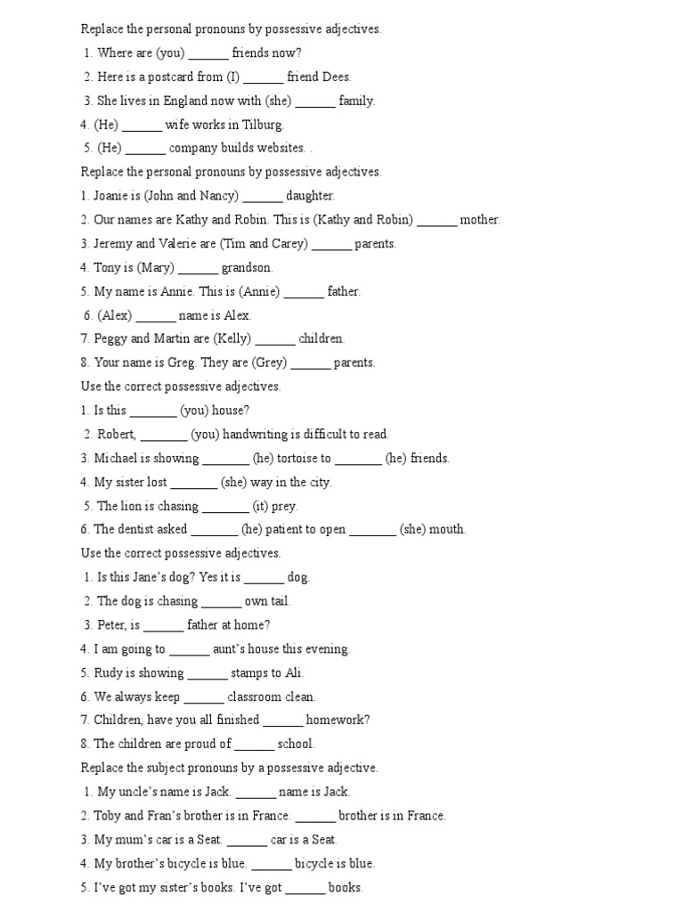 Replace The Personal Pronouns by Possessive Adjectives | PDF | Syntax ...