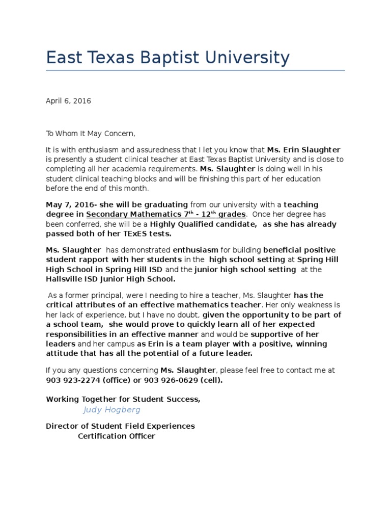 Recommendation for Erin Slaughter's Teaching Degree | PDF | Wellness