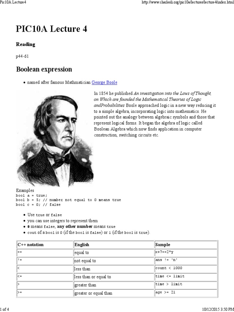 Pic10a Lecture 4 Boolean Expression Pdf Boolean Data Type