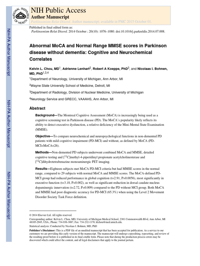 Abnormal MoCA and Normal Range MMSE Scores in Parkinson D Without ...