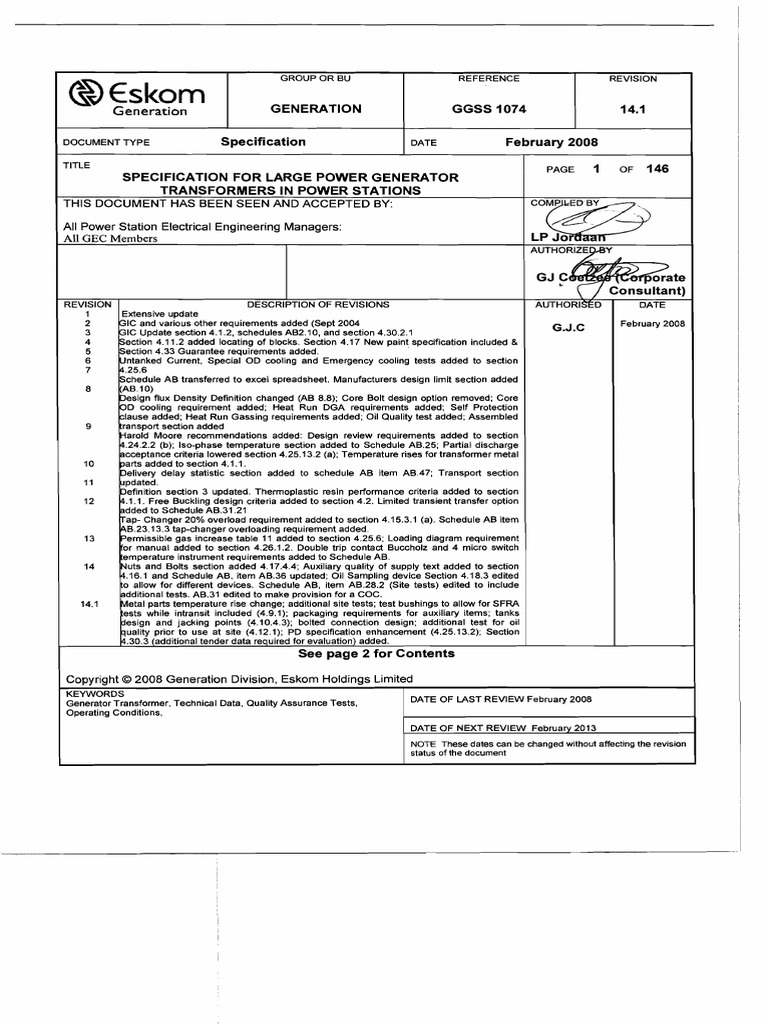 GGSS1074 Rev 14.1 Gen TRFR Specification | PDF | Electrical Wiring ...