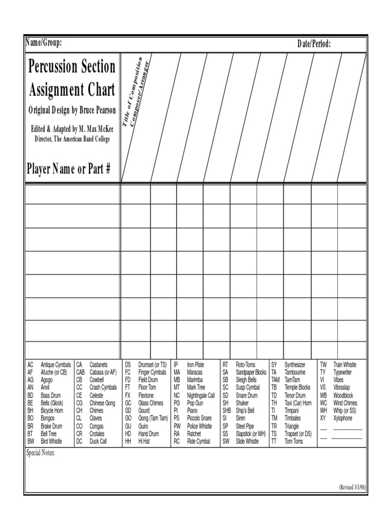 Percussion Assignment and Instrument Chart | PDF