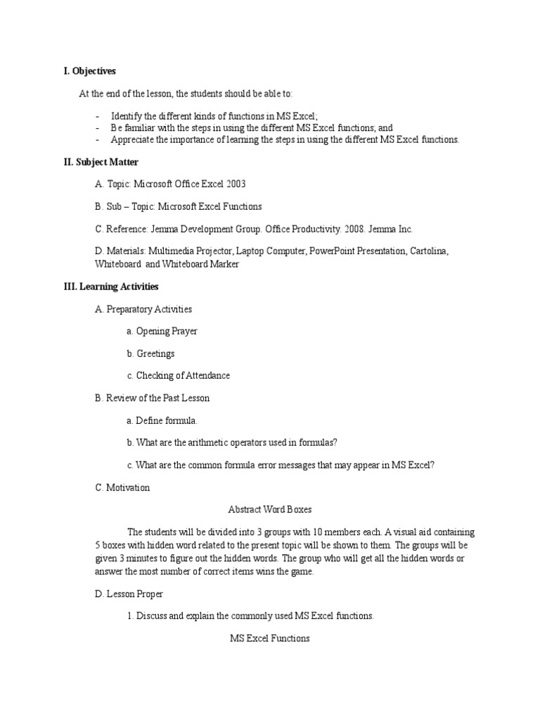 Lesson Plan Excel Functions | PDF | Microsoft Excel | Software