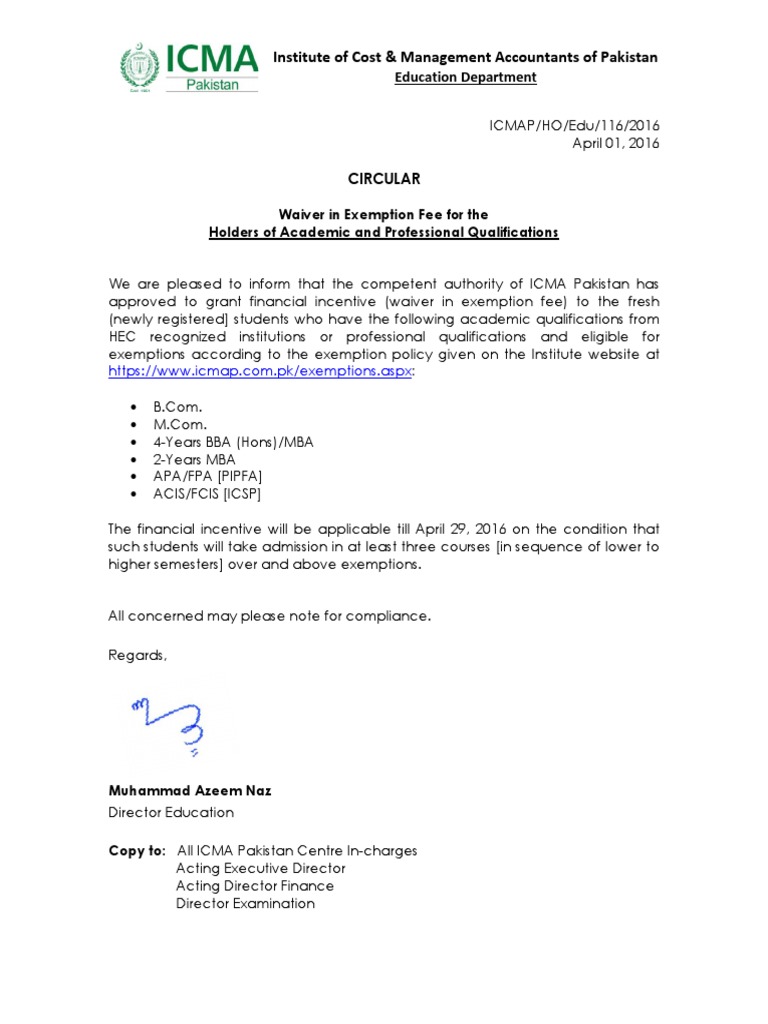 Exemption Fee Waiver for ICMAP Students | PDF