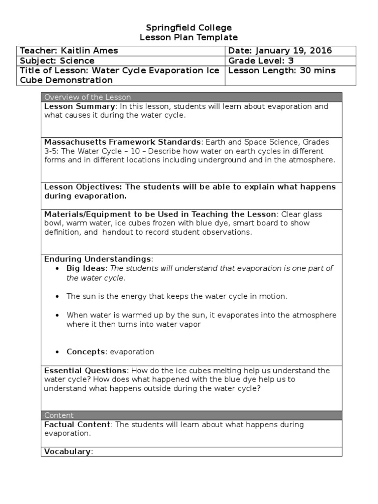 Water Cylcle Lesson Plan 1 | PDF | Water Cycle | Lesson Plan