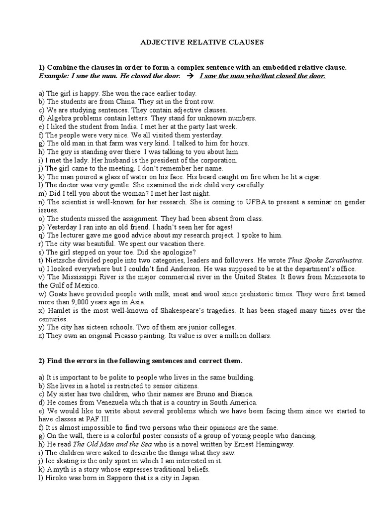 Adjective Relative Clauses (Exercise) | PDF
