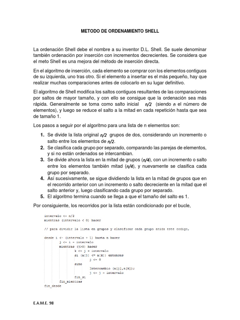 Metodo de Ordenamiento Shell | PDF | Algoritmos y Estructuras de Datos ...